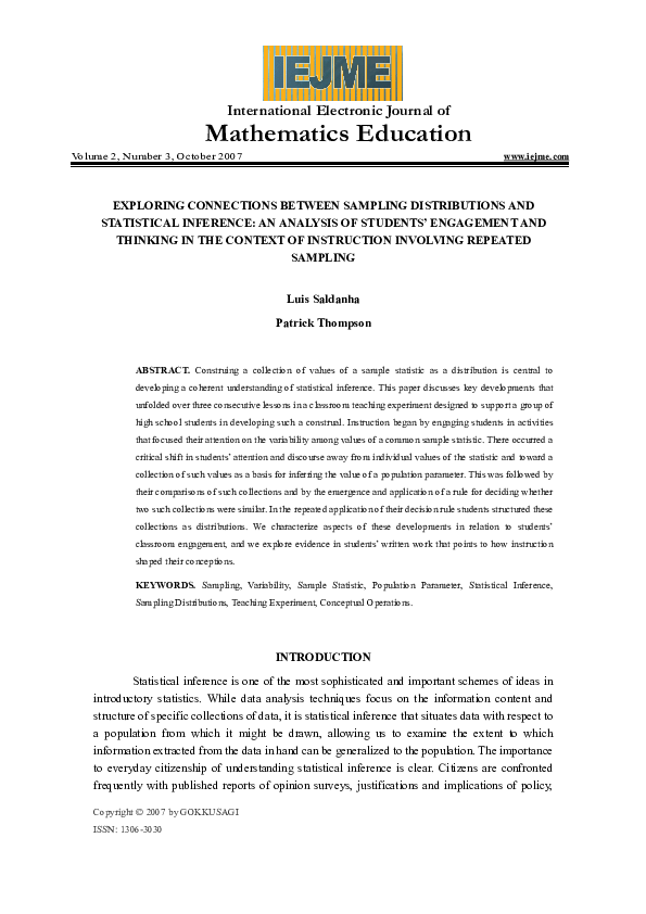 Pdf Exploring Connections Between Sampling Distributions And Statistical Inference An