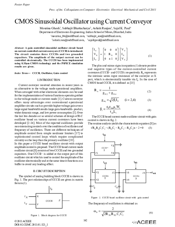 (PDF) CMOS Sinusoidal Oscillator using Current Conveyor