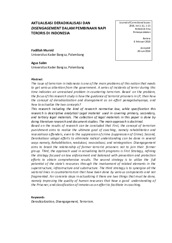 (PDF) Actualization of Deradicalization and Disengagement in the ...