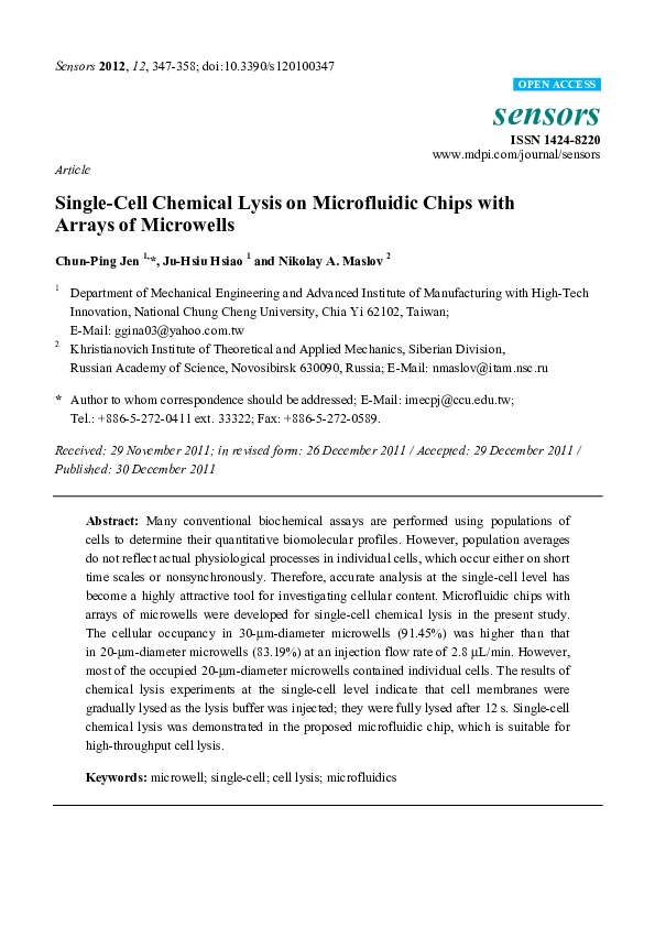 (PDF) Single-Cell Chemical Lysis on Microfluidic Chips with Arrays