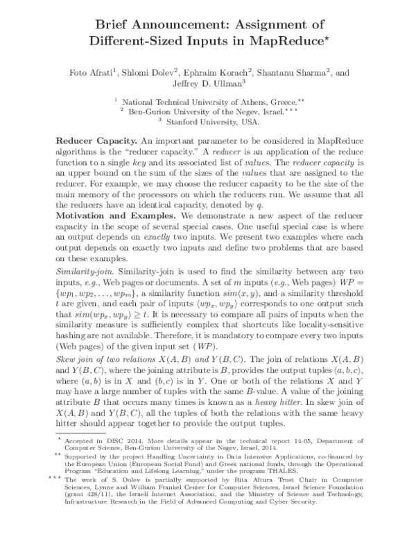 (PDF) Brief Announcement: Assignment of Different-Sized Inputs in MapReduce⋆