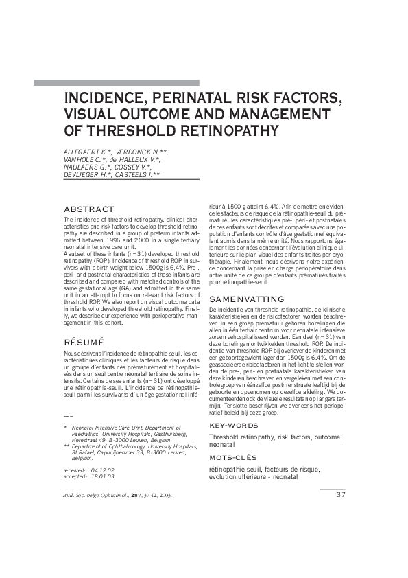 (PDF) Incidence, perinatal risk factors, visual outcome and management ...