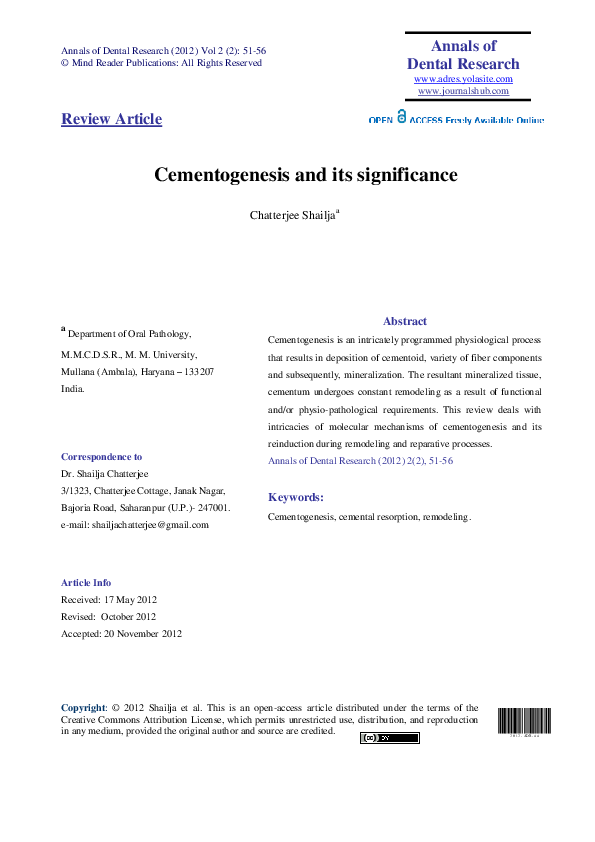 (PDF) Cementogenesis and its significance