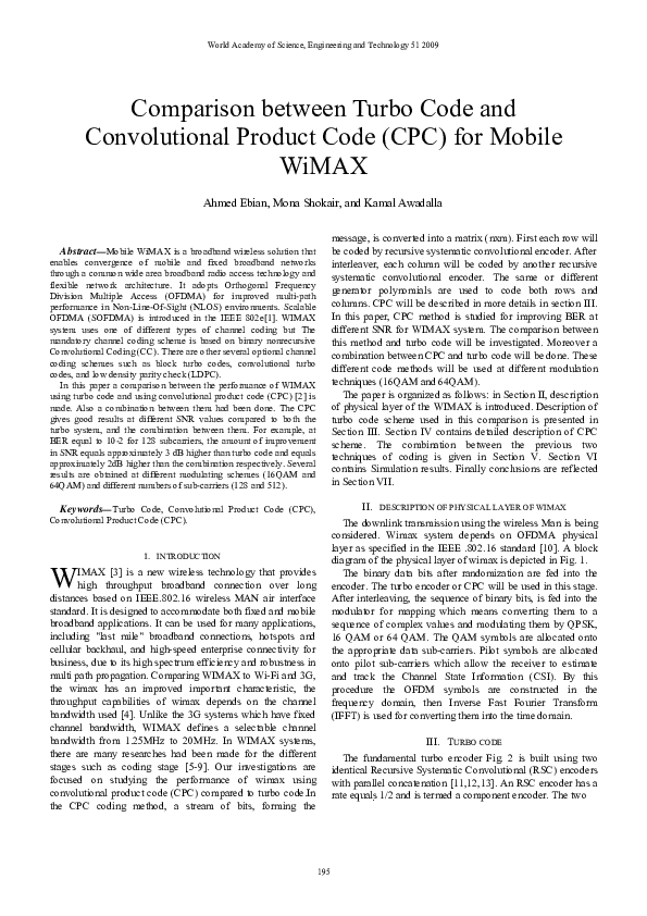 (PDF) Comparison between Turbo Code and Convolutional Product Code (CPC) for Mobile