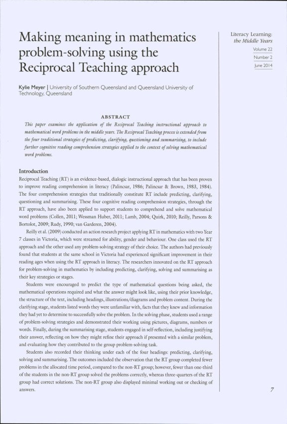 (PDF) Making meaning in mathematics problem-solving using the reciprocal teaching approach