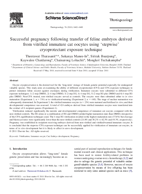 (PDF) Successful pregnancy following transfer of feline embryos derived ...