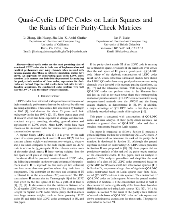 (PDF) Quasi-cyclic LDPC codes on Latin squares and the ranks of their parity-check matrices