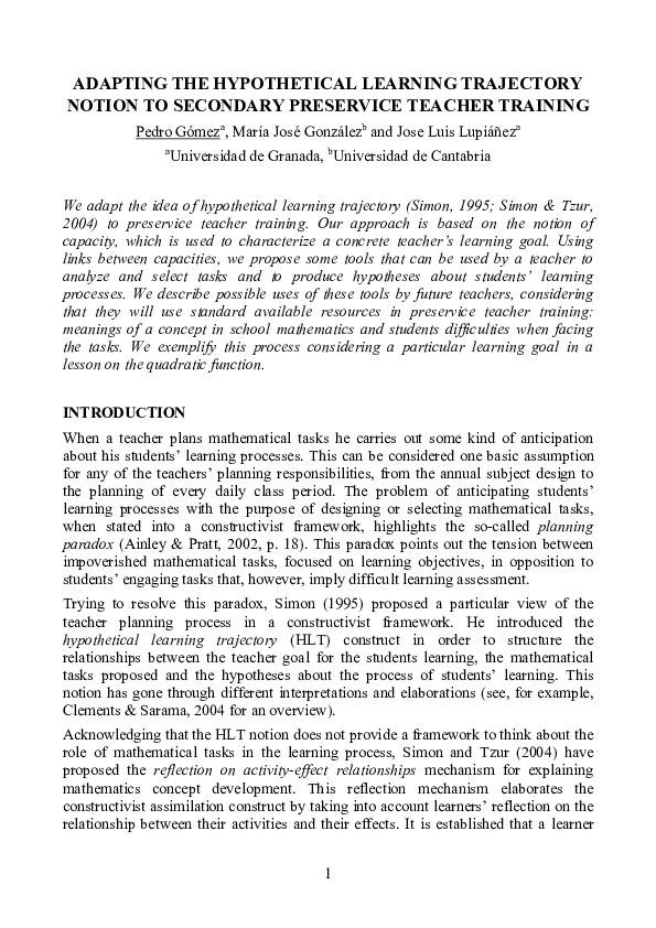 (PDF) Adapting the hypothetical learning trajectory notion to secondary preservice teacher training