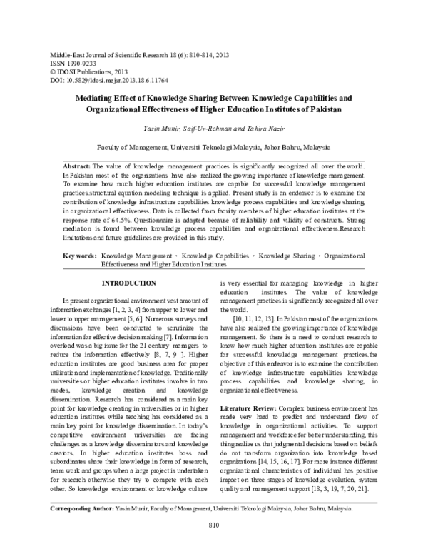 (PDF) The Mediating Effect of Knowledge-Sharing Processes on Organizational Cultural Factors and ...