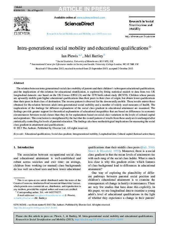 (PDF) Intra-generational social mobility and educational qualifications