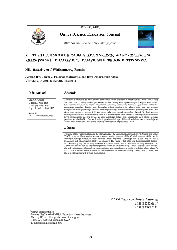 (PDF) Unnes Science Education Journal KEEFEKTIFAN MODEL PEMBELAJARAN SEARCH, SOLVE, CREATE, AND ...