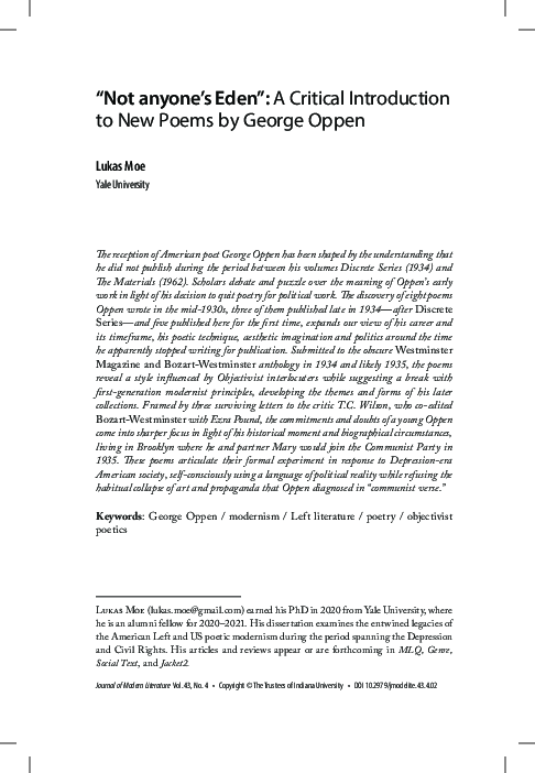 (PDF) "Not anyone's Eden": A Critical Introduction to New Poems by ...