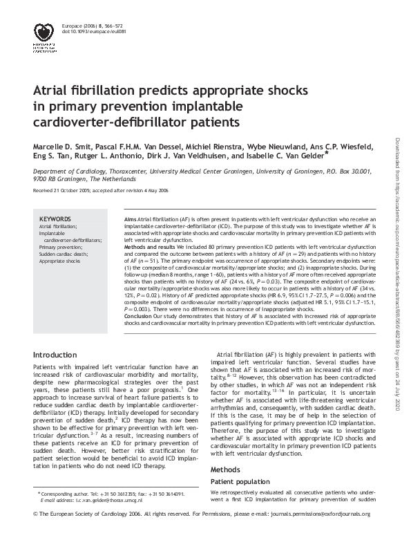 (PDF) Atrial fibrillation predicts appropriate shocks in primary ...