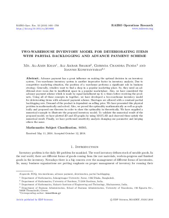 Pdf Two Warehouse Inventory Model For Deteriorating Items With Partial Backlogging And Advance