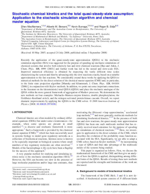 (PDF) Stochastic chemical kinetics and the total quasi-steady-state ...