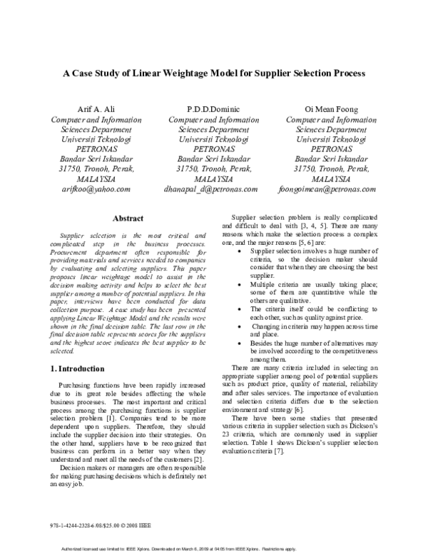 (PDF) A case study of Linear Weightage Model for supplier selection process