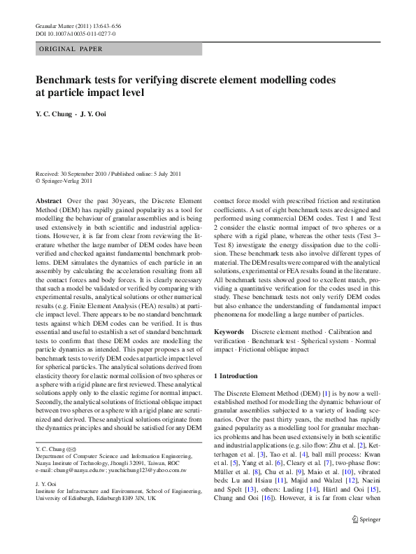 Pdf Benchmark Tests For Verifying Discrete Element Modelling Codes At