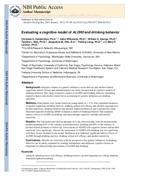 (PDF) Evaluating a Cognitive Model of ALDH2 and Drinking Behavior