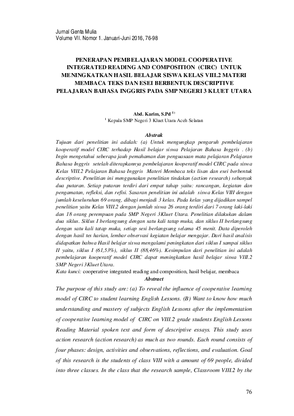 (PDF) Penerapan Pembelajaran Model Cooperative Integrated Reading and Composition (Circ) Untuk ...