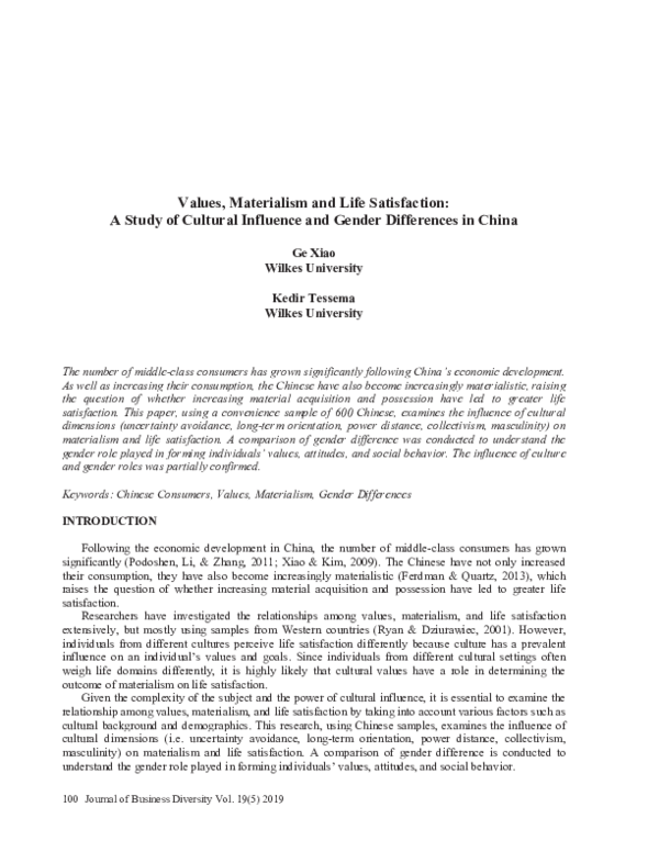 (PDF) Values, Materialism and Life Satisfaction: A Study of Cultural ...