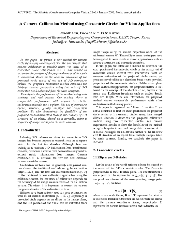 (PDF) A Camera Calibration Method using Concentric Circles for Vision Applications