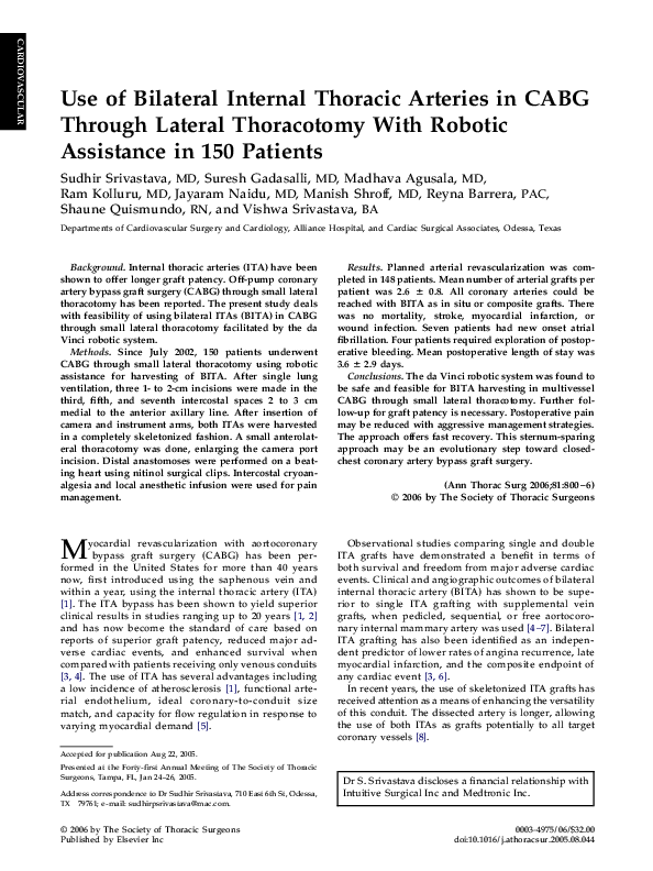 (PDF) Use of Bilateral Internal Thoracic Arteries in CABG Through ...