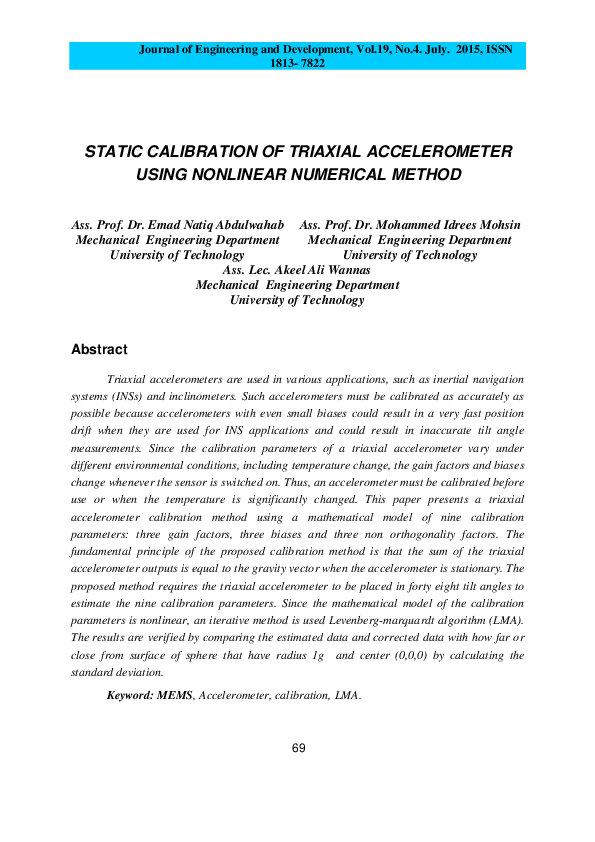 Pdf Static Calibration Of Triaxial Accelerometer Using Nonlinear Numerical Method