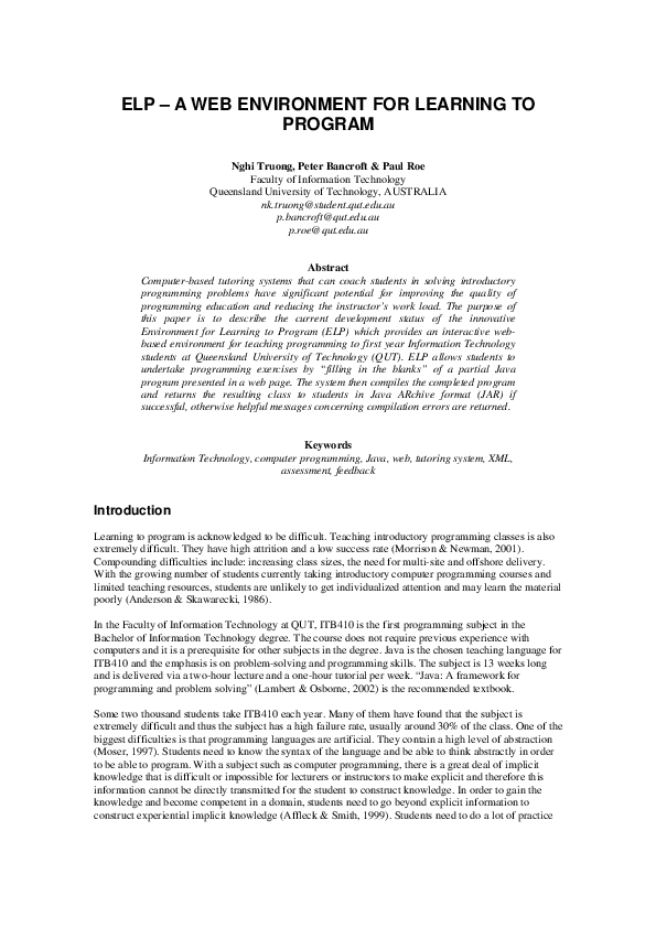 (PDF) ELP - a web envrionment for learning to program