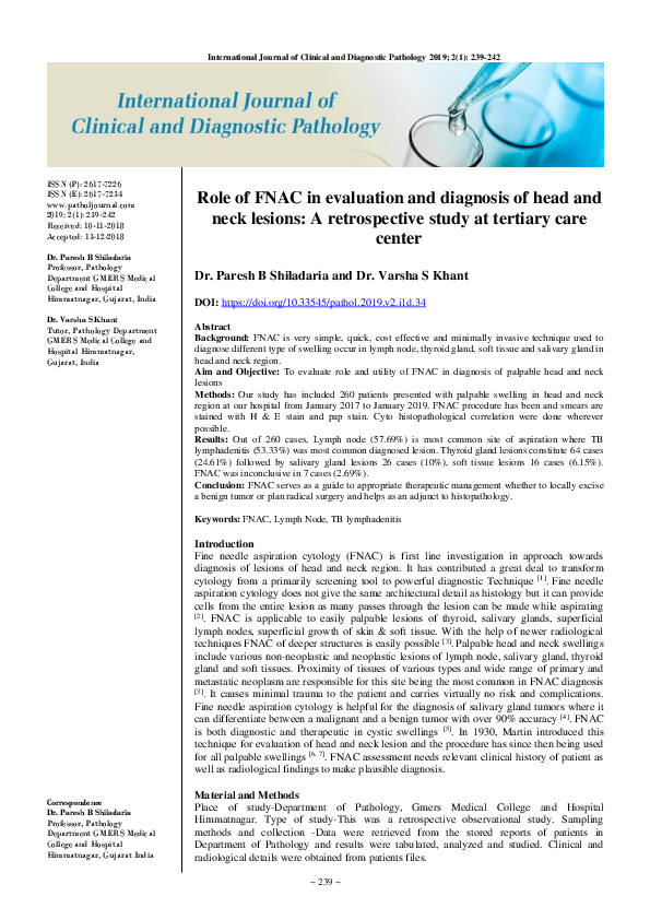 (PDF) Role of FNAC in evaluation and diagnosis of head and neck lesions ...