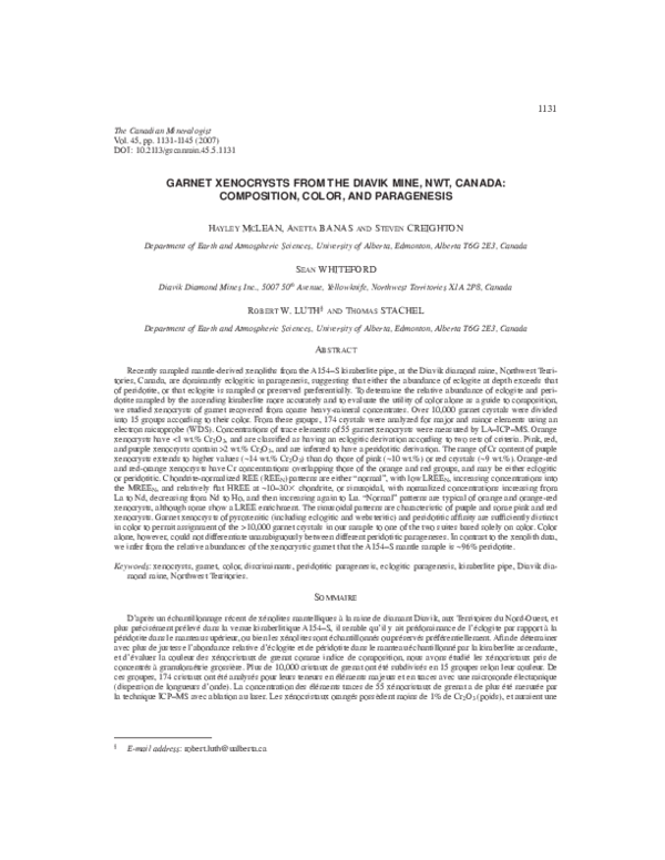 (PDF) Garnet Xenocrysts from the Diavik Mine, NWT, Canada: Composition ...