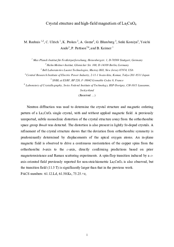 (PDF) Crystal structure and high-field magnetism of La2CuO4