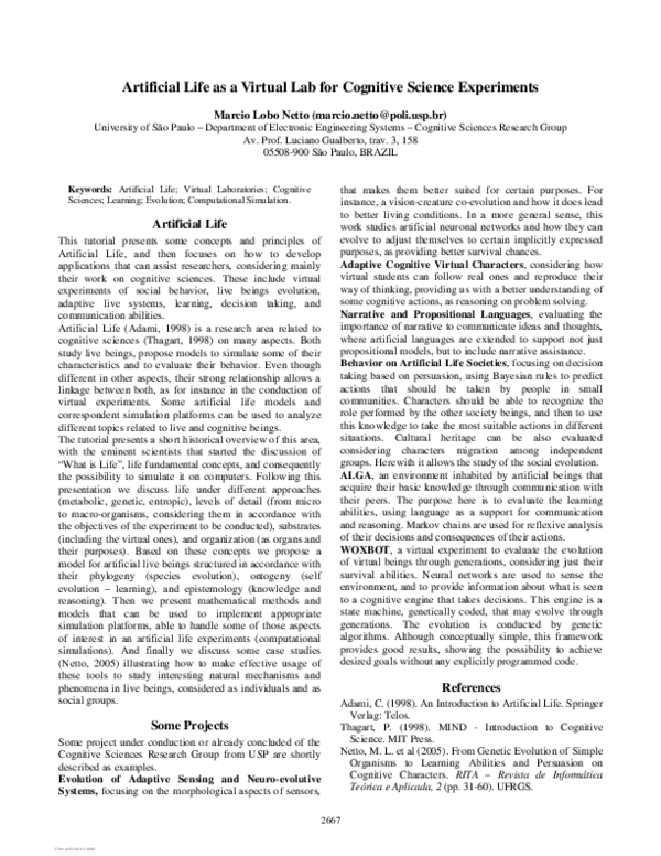 (PDF) Artificial Life as a Virtual Lab for Cognitive Science ...
