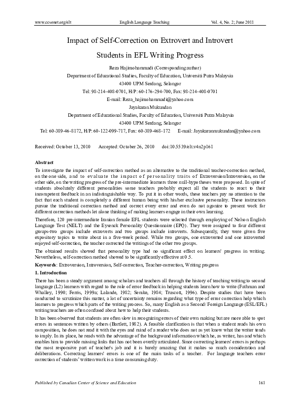 (PDF) Impact of self-correction on extrovert and introvert students in the EFL writing progress