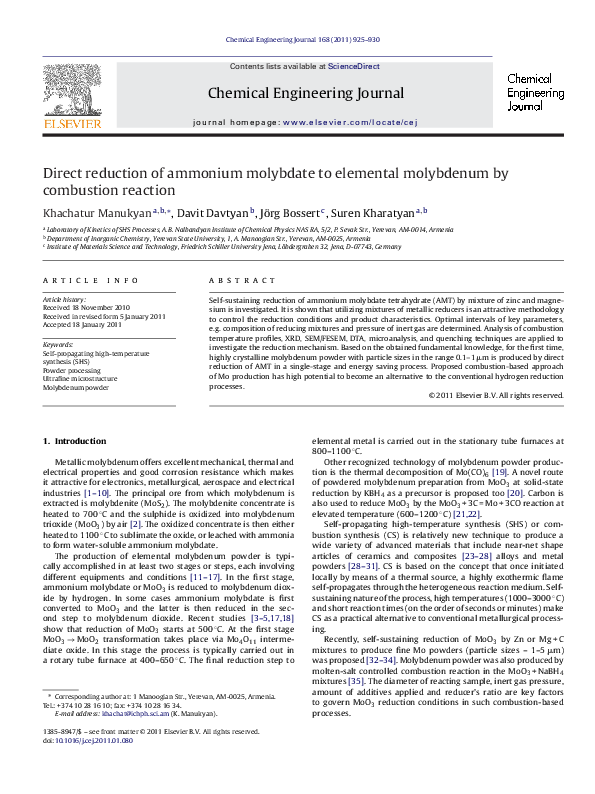 (PDF) Direct reduction of ammonium molybdate to elemental molybdenum by ...