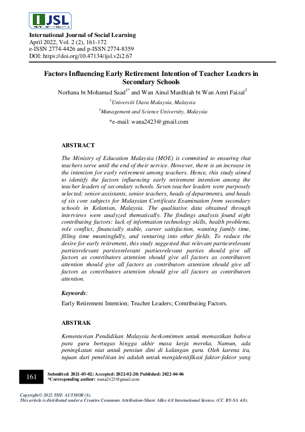 (PDF) Factors Influencing Early Retirement Intention of Teacher Leaders ...