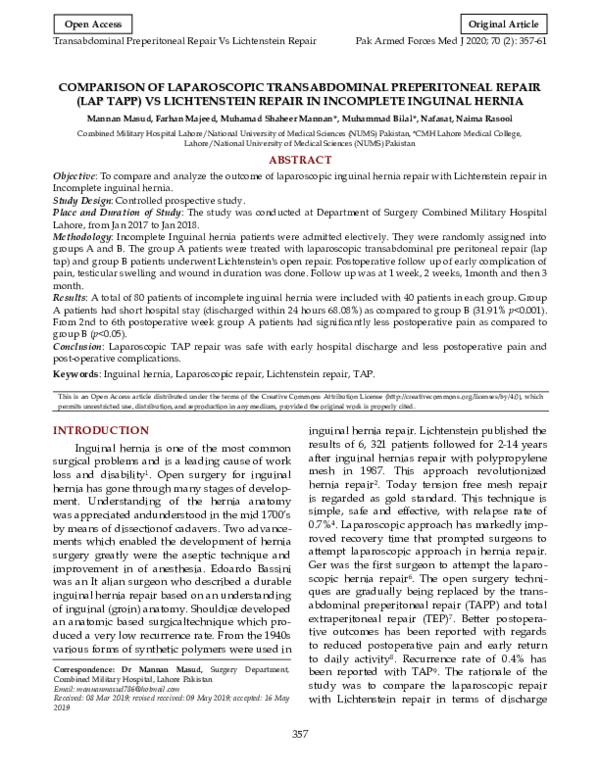 (PDF) Comparison of Laparoscopic Transabdominal Preperitoneal Repair (Lap Tapp) vs Lichtennstein ...