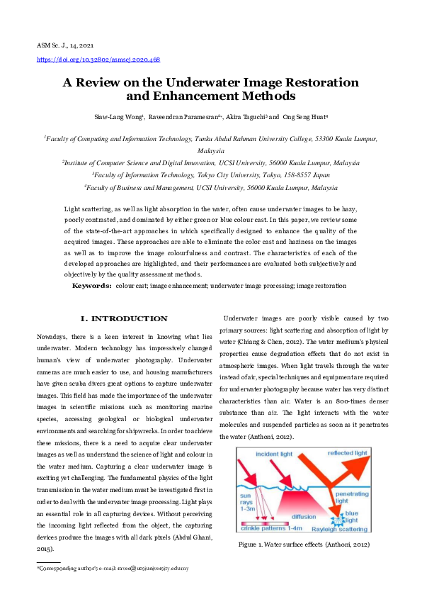 (PDF) A Review on the Underwater Image Restoration and Enhancement Methods