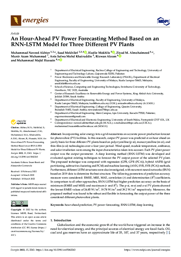 Pdf An Hour Ahead Pv Power Forecasting Method Based On An Rnn Lstm