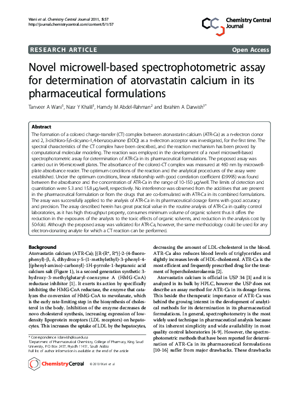 (PDF) Novel microwell-based spectrophotometric assay for determination of atorvastatin calcium ...
