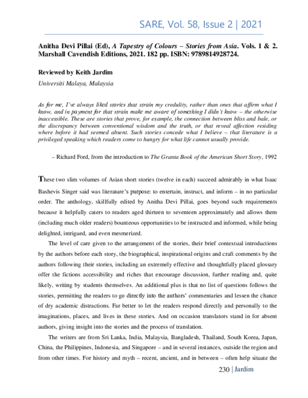 (PDF) Anitha Pillai, A Tapestry of Colours: Stories from Asia (Vols. 1&2)