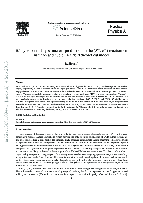 (PDF) Hyperon and Hypernuclear Production in the Reaction on Nucleon ...