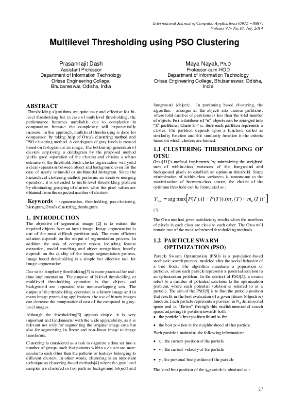 (PDF) Multilevel Thresholding using PSO Clustering