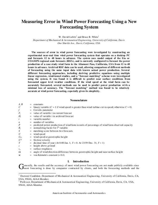 Pdf Measuring Error In Wind Power Forecasting Using A New Forecasting