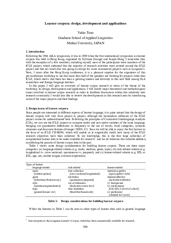 (PDF) Learner corpora: design, development and applications