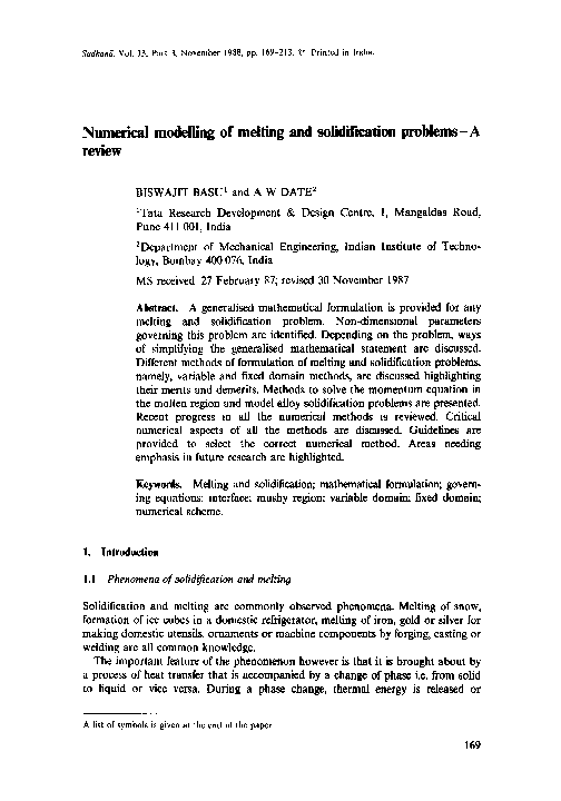 (PDF) Numerical modelling of melting and solidification problems—A review