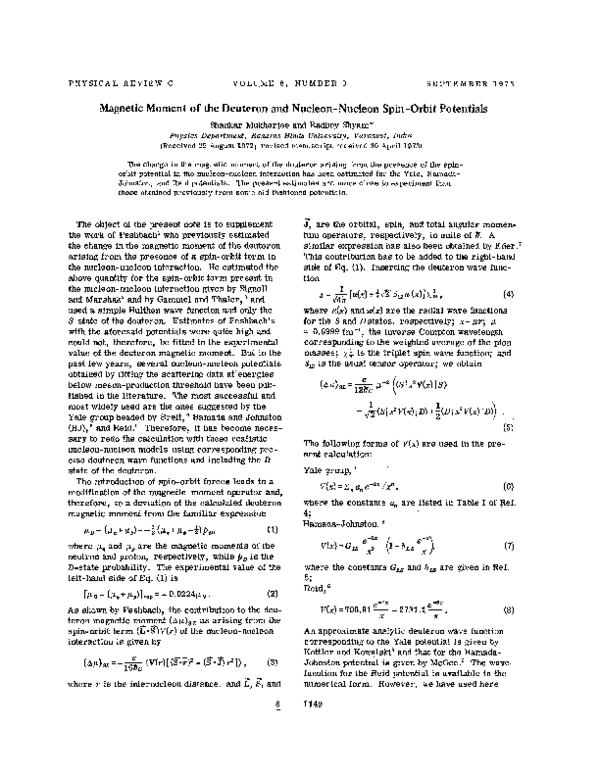 (PDF) Magnetic Moment of the Deuteron and Nucleon-Nucleon Spin-Orbit Potentials