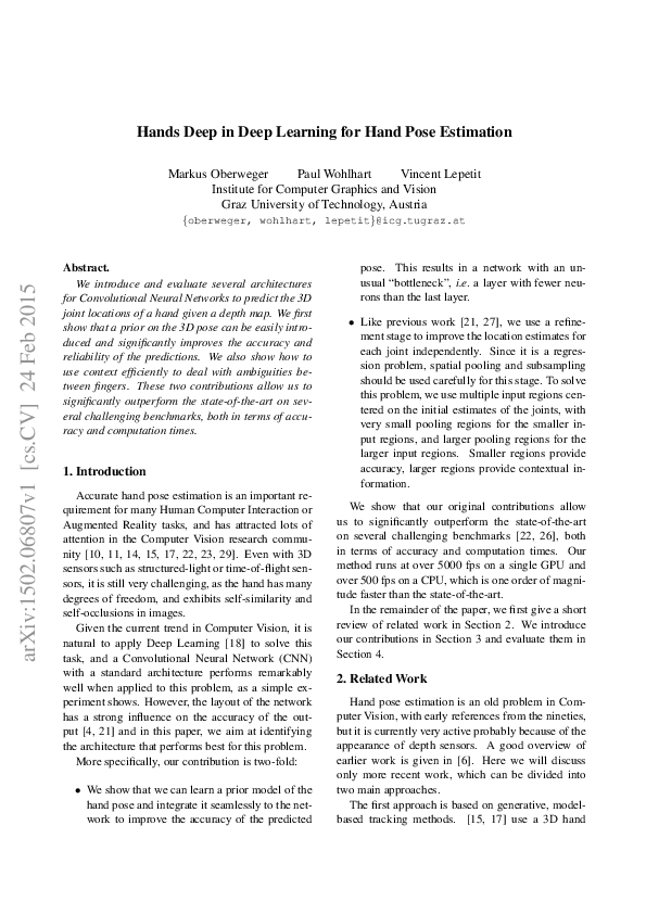 (PDF) Hands Deep in Deep Learning for Hand Pose Estimation