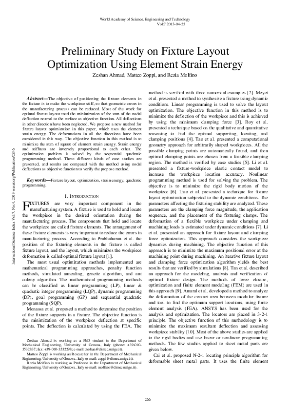 (PDF) Preliminary Study on Fixture Layout Optimization Using Element Strain Energy