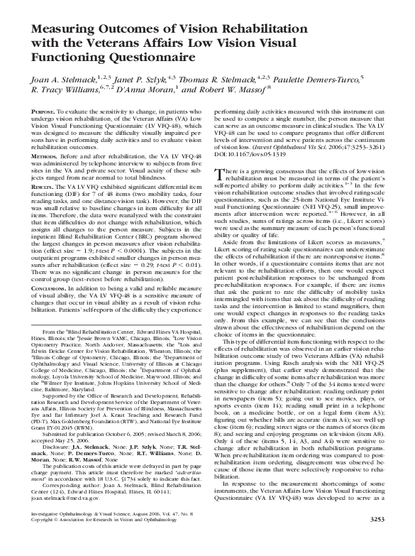 (PDF) Measuring Outcomes of Vision Rehabilitation with the Veterans ...