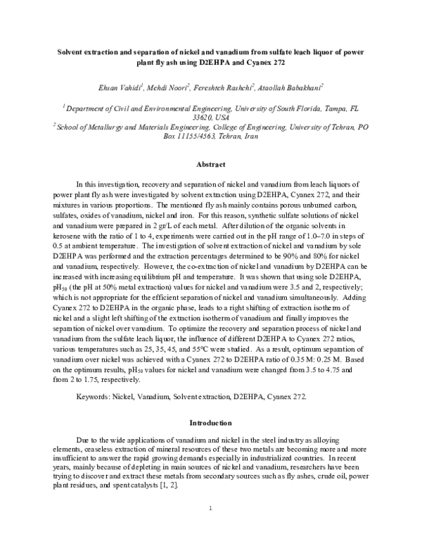 (PDF) Solvent Extraction and Separation of Nickel and Vanadium From ...